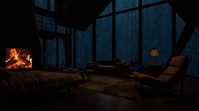Ночной дождь и камин в деревянной хижине 🌧️ Глубокая атмосфера сна 🔥 Без разговоров
