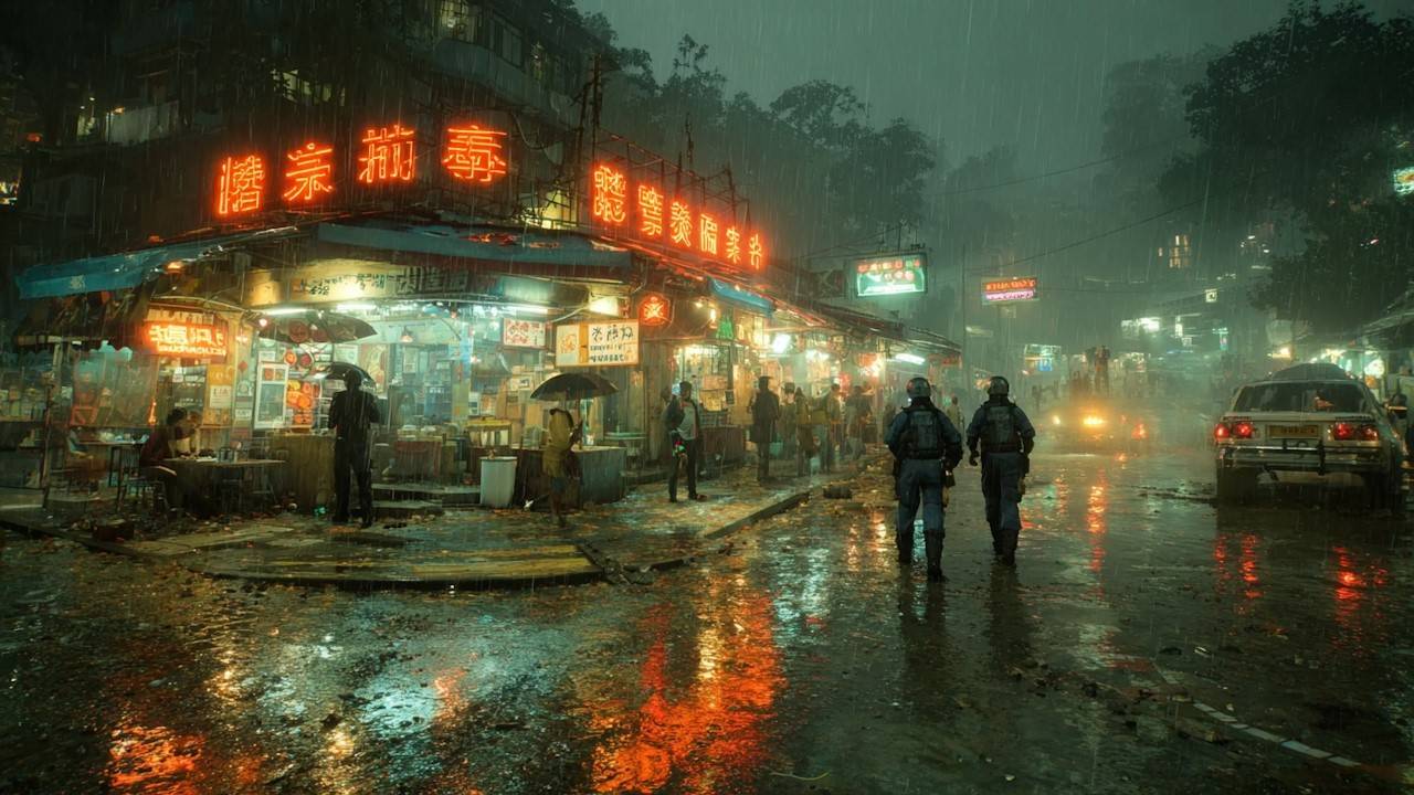 Cinematic Shopping Street  Cyberpunk Patrol with Film Look