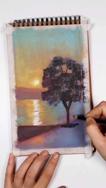 Процесс рисования заката масляной пастелью