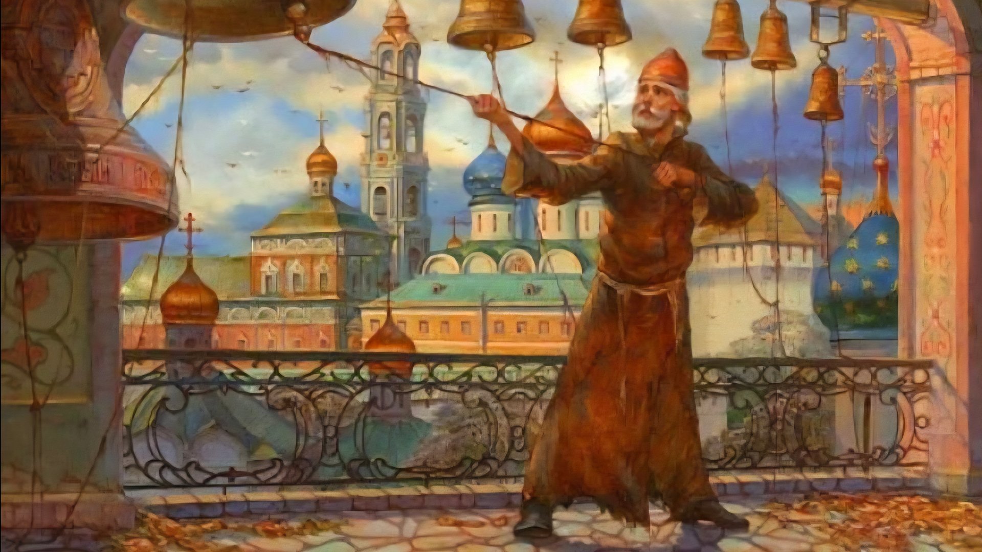 Звонарь на колокольне в Лавре