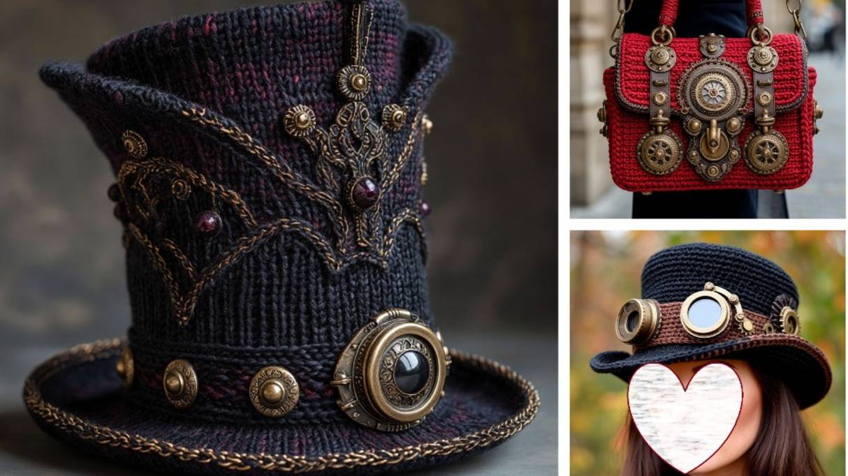 ⚙️🎩👜🧶Стимпанк вязание. Шляпы и сумки в механическом стиле от AI. Подборка №2.⚙️🧶🎩🧭☁️✨