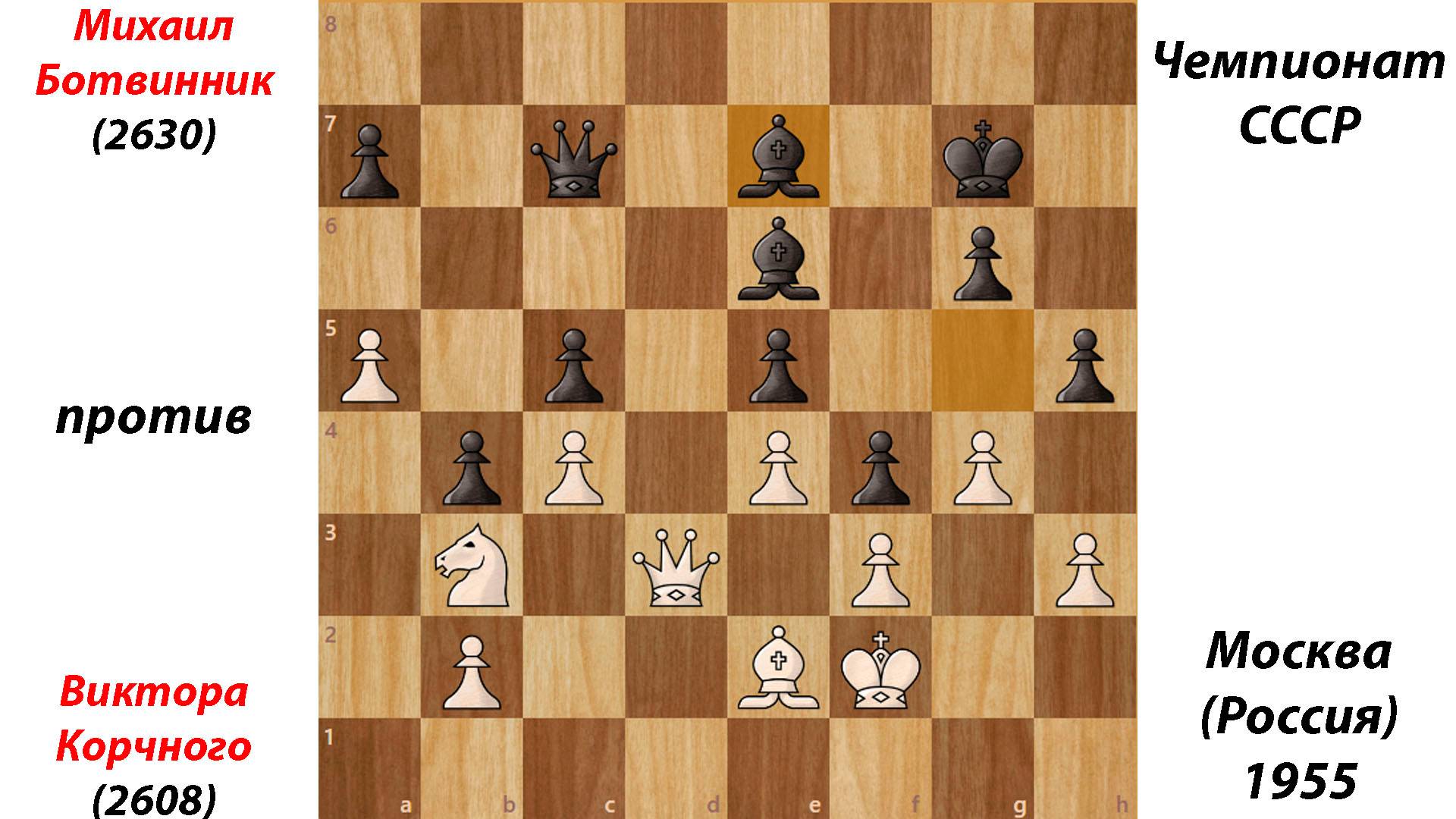 Михаил Ботвинник против  Виктора Корчного. Чемпионат СССР. Москва (Россия), 1955.