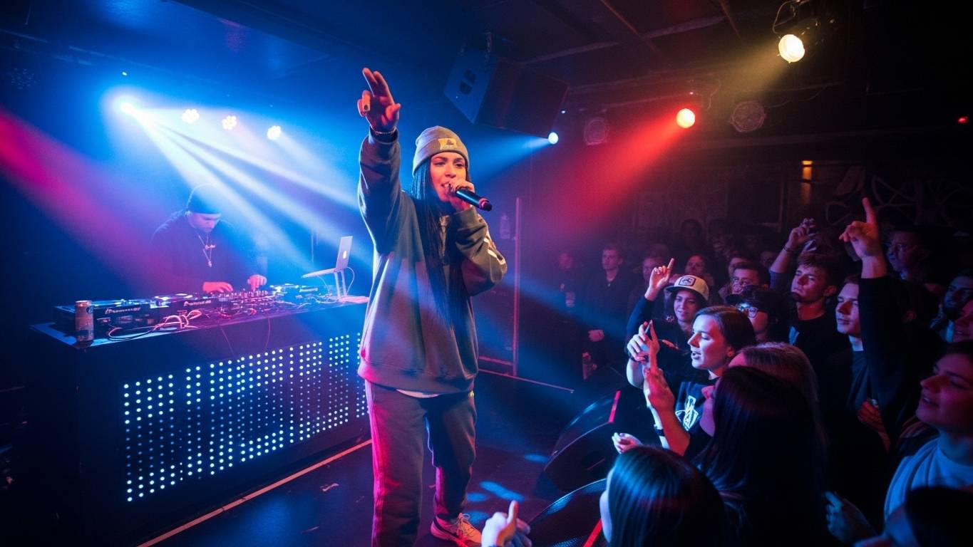 Женский рэп-вокал, быстрый темп, энергичные инструменты для русского рэпа, жёсткие биты.