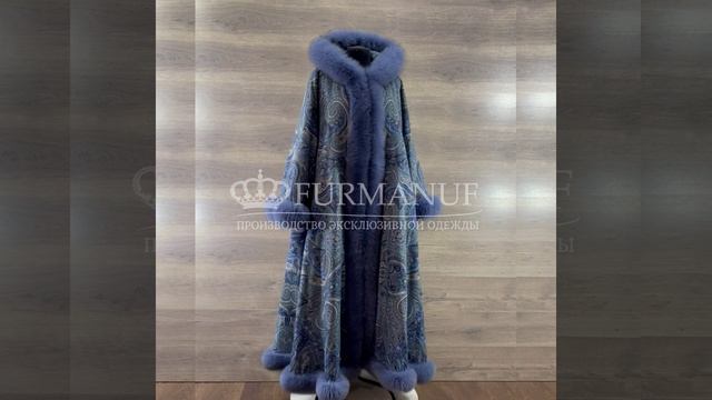 Пальто длинное с капюшоном в русском стиле с мехом песца, 601