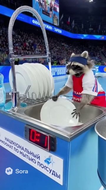 Енот на чемпионате по мытью посуды