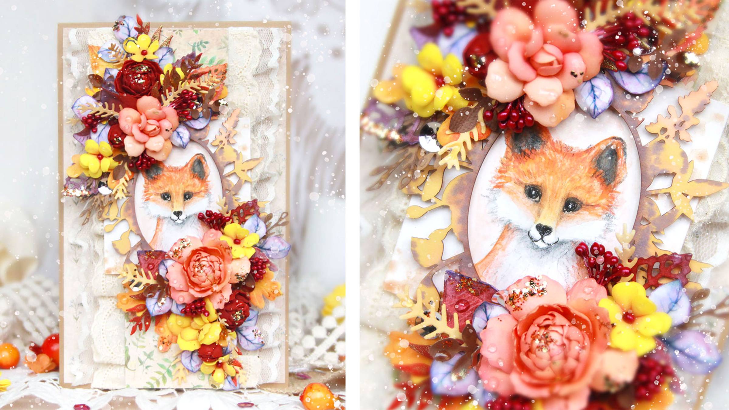 Соединила картон, кружево, цветы из фоамирана, рисунок лисенка, листья и сделала ОСЕННЮЮ ОТКРЫТКУ 🍁