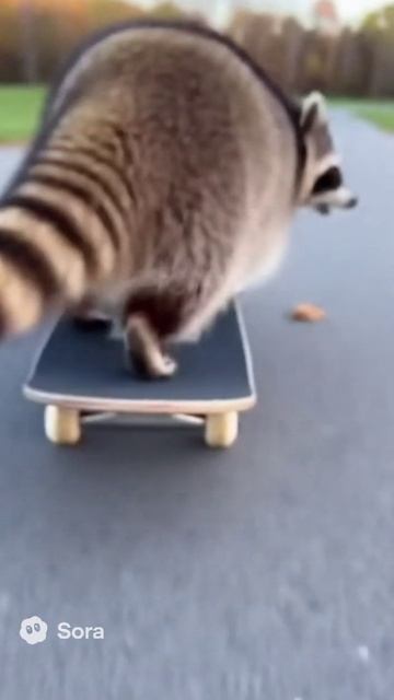 Енот едет на скейте по парку в Калуге