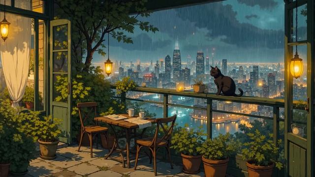 Rainy Night in Japan 🌙 Peaceful Balcony View & City Lights  Smooth Jazz Ambience for Work & Rest