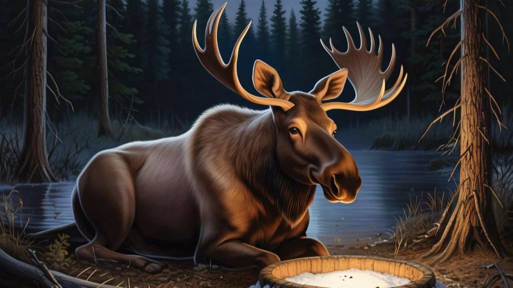 Как дикий лось спит на солонце для лося ночью в лесу?