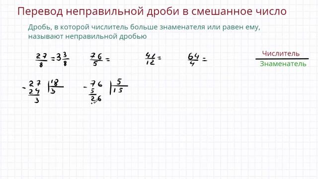 Перевод неправильной дроби в смешанное число. Мини урок математика 5 класс