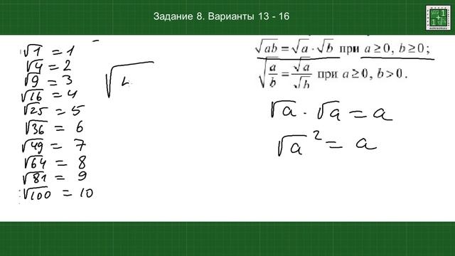Квадратный корень. Определение. Свойства 8 задание ОГЭ Варианты 31,32,13-16