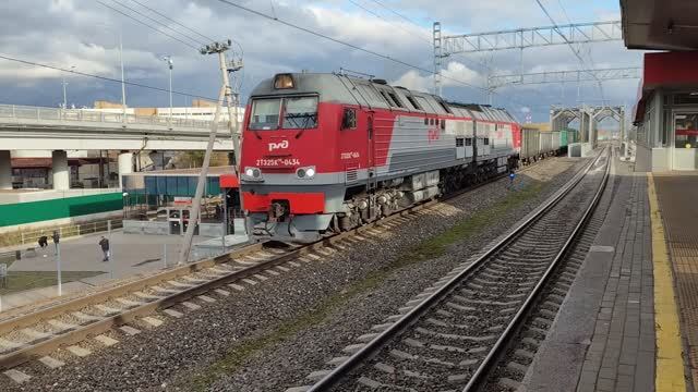 Тепловоз 2ТЭ25Км-0434 (ТЧЭ-46) с грузовым поездом.