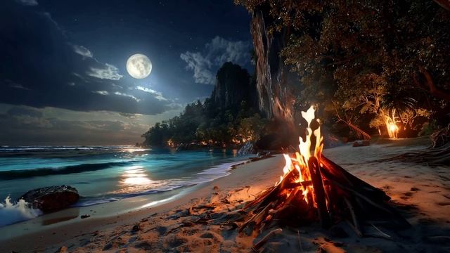 🌊🔥 Сон на уединенном пляже под расслабляющие океанские волны и потрескивание костра ASMR