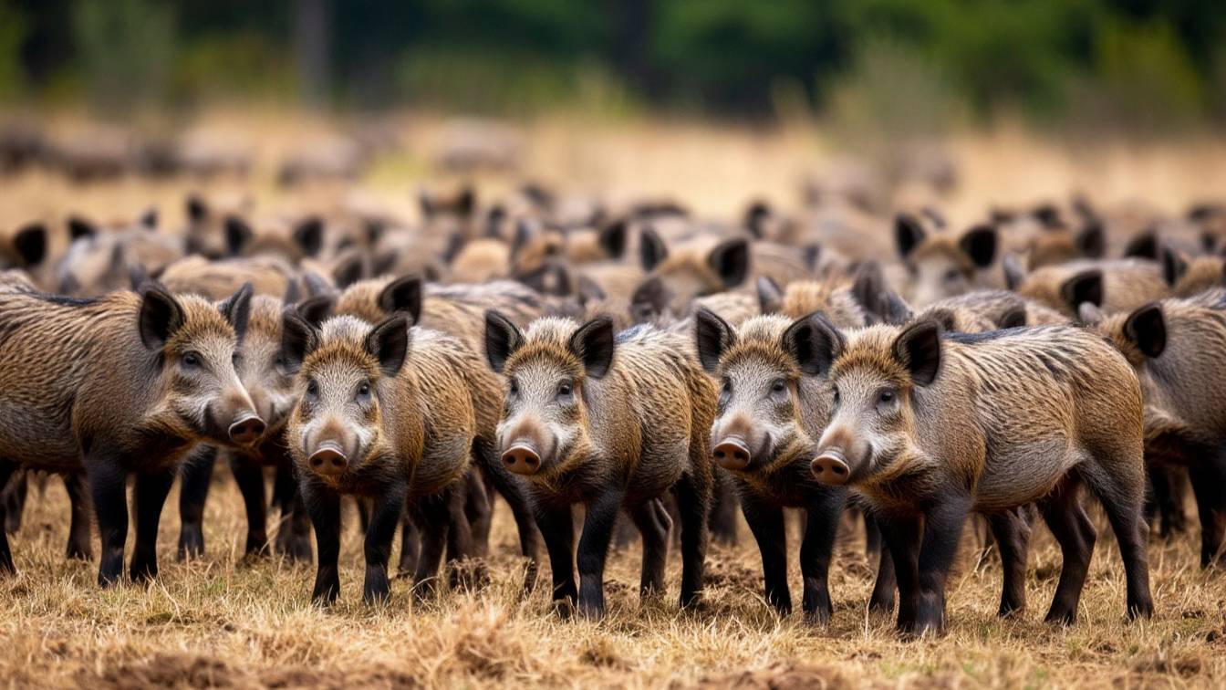 Стадо диких кабанов в лесу