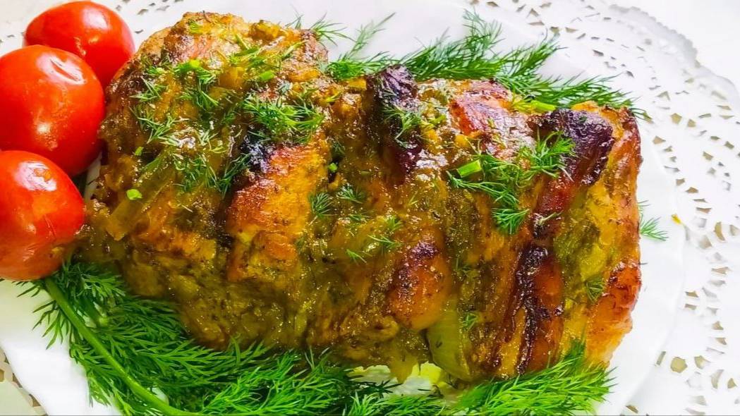 Свинина запечённая в духовке в соусе _Ткемали._