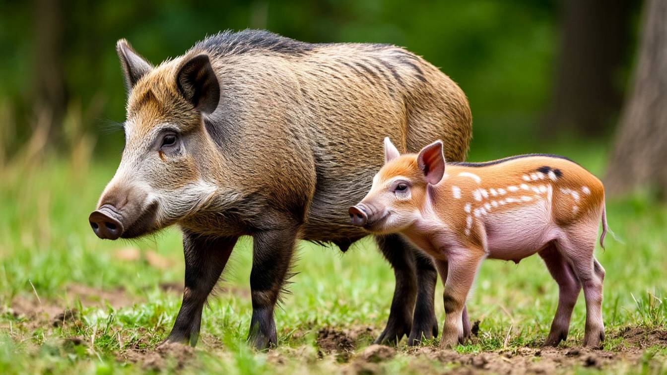 Как ест кабаниха и поросенок дикого кабана