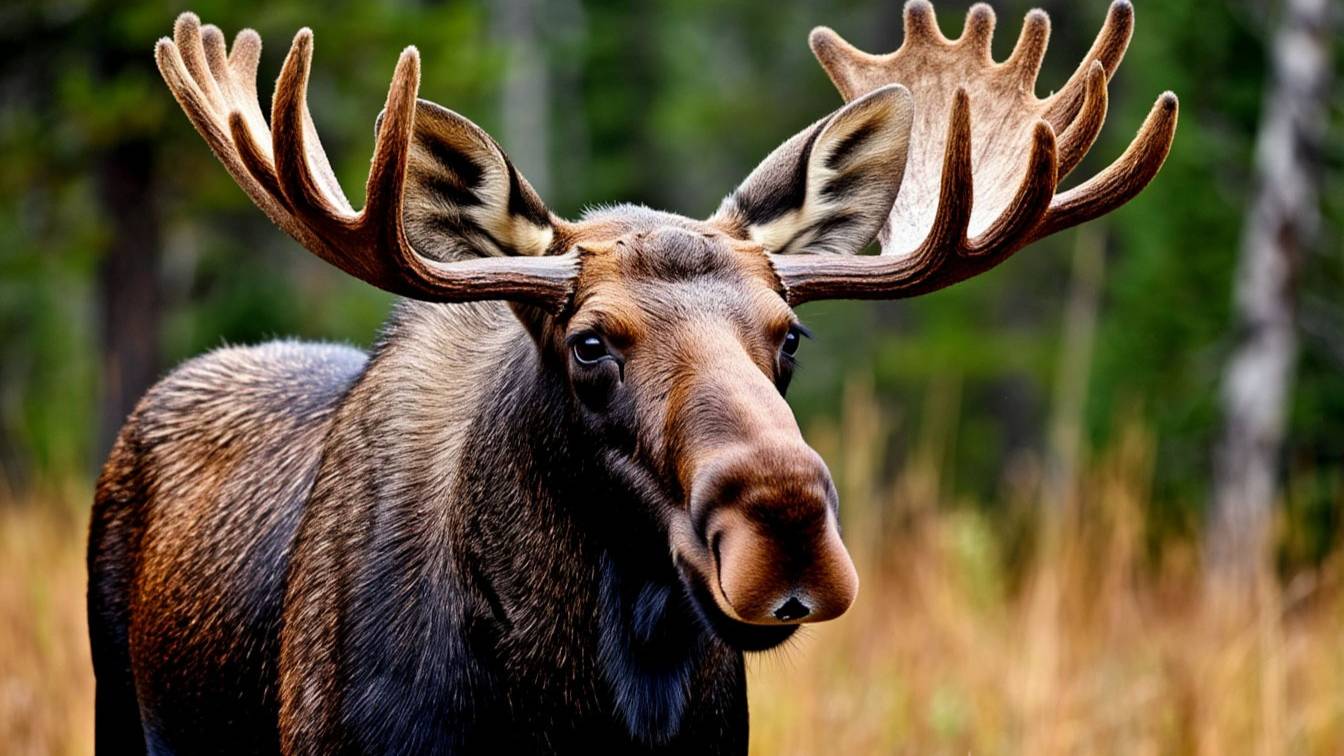 Встреча лицом к лицу с лосем в лесу.Животные
