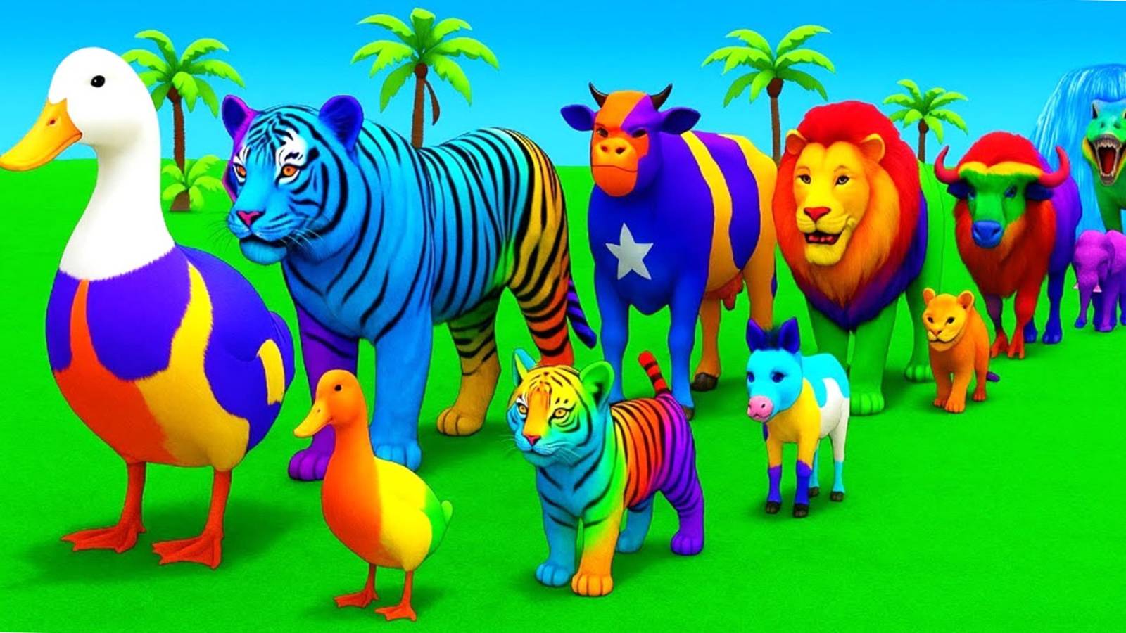 Мультики для детей. Длинная горка со слоном, гориллой, бегемотом, тигром. Мультфильмы для малышей.