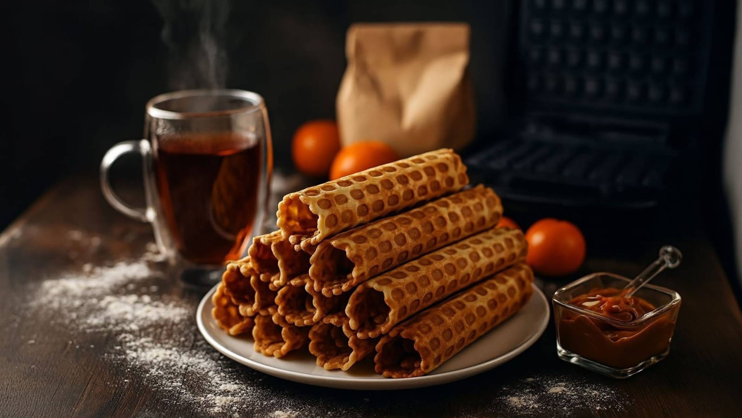 Хрустящие вафельные трубочки в электровафельнице.