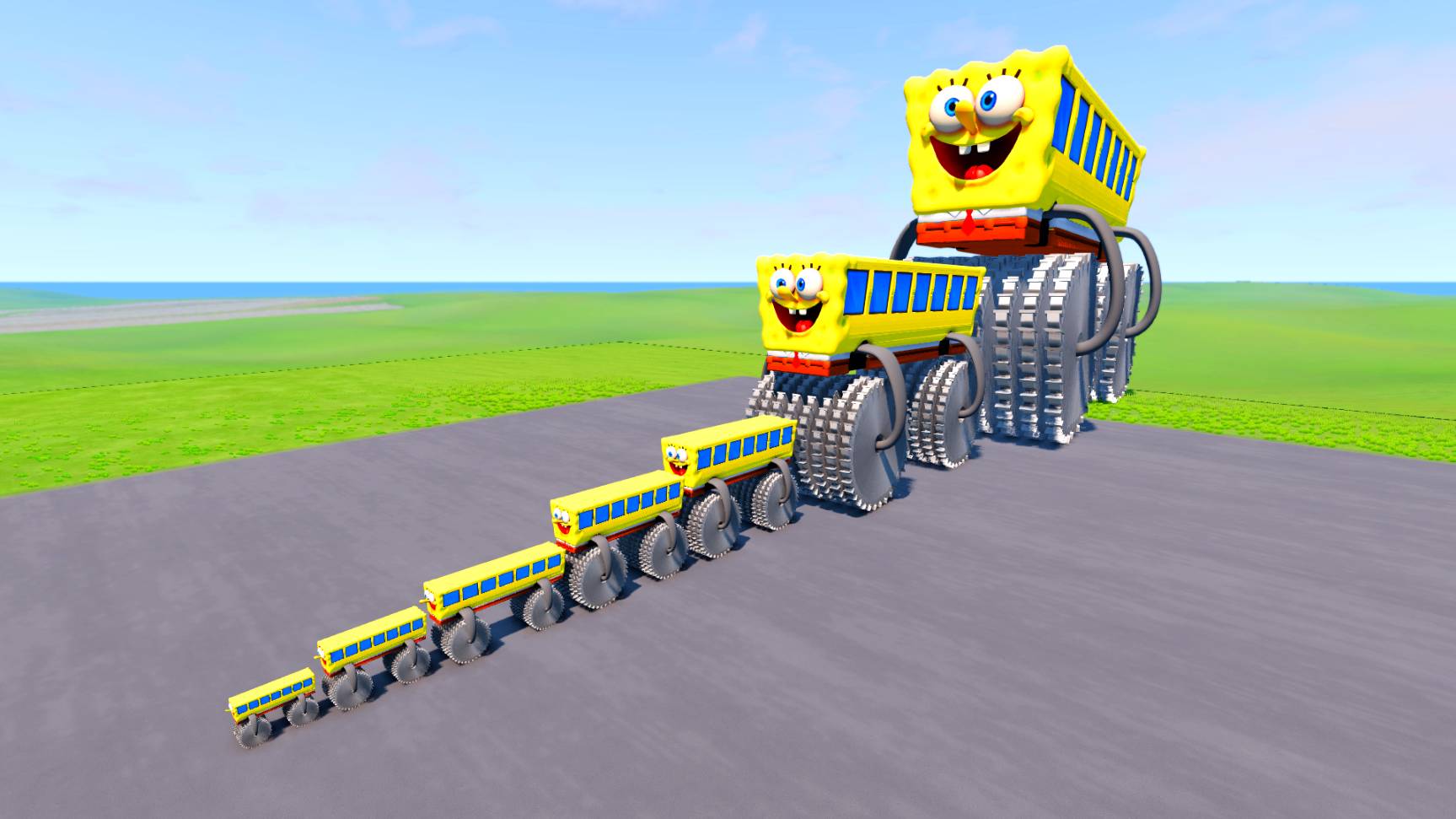 Большой и маленький автобус Губка Боб Двойной монстр-пила Колёса против поездов | BeamNG.drive