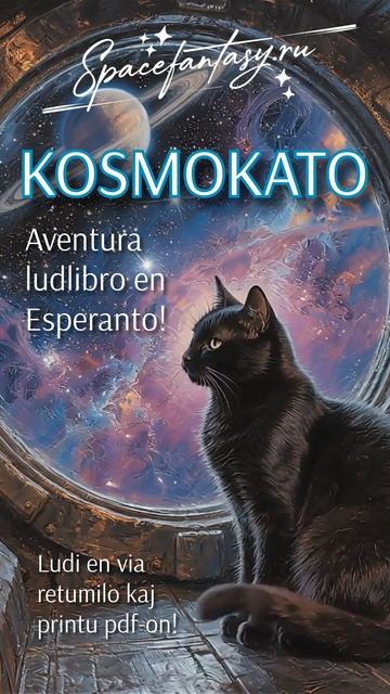 Kosmokato - книга-игра на эсперанто и русском. Текстовый квест про черного котика в космосе