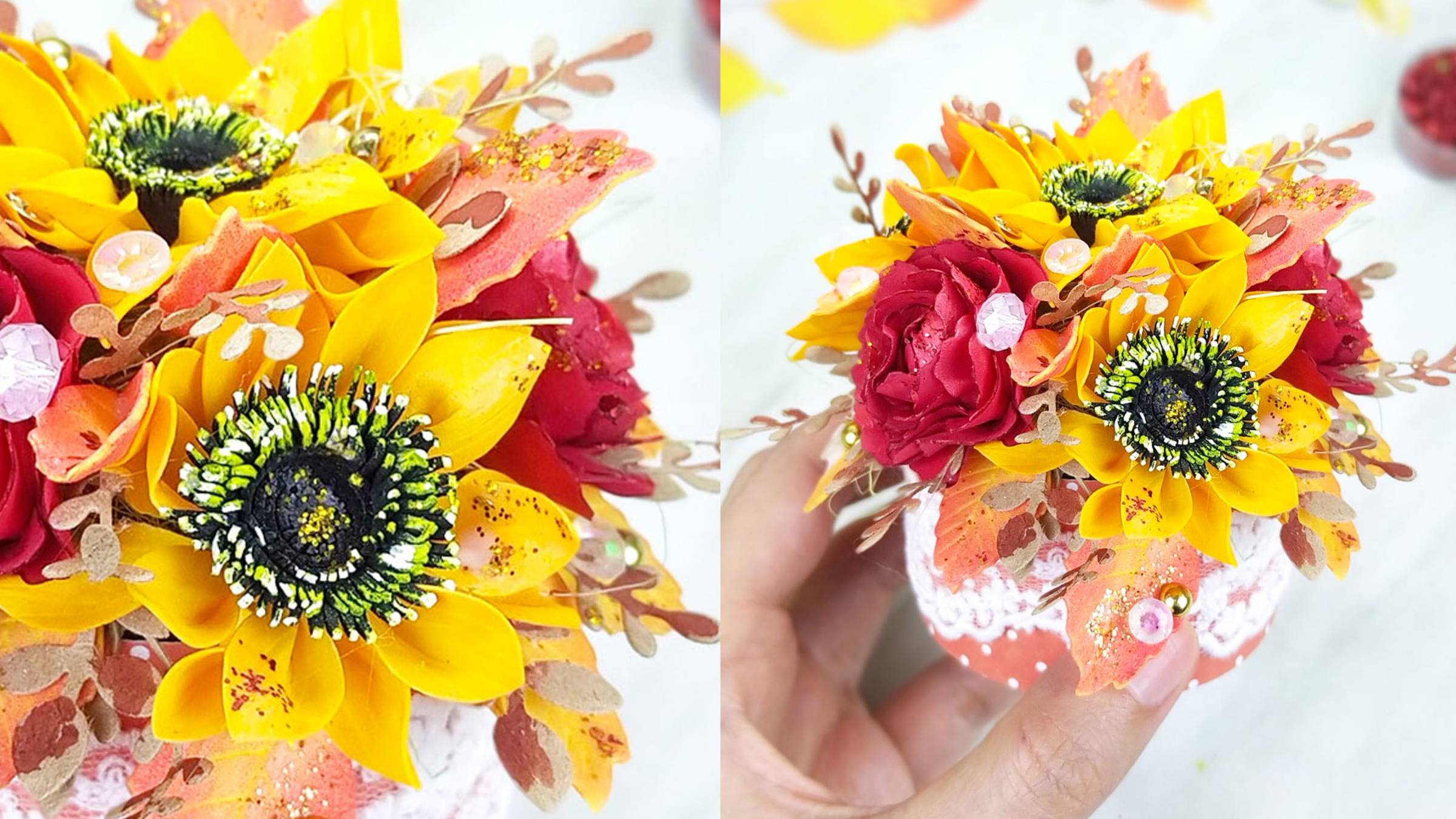 Осенняя композиция своими руками. Как я собираю осенний букетик с цветами и листиками из фоамирана