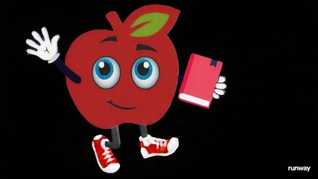 The hero waves his hand and walks. The hero looks at the camera. A cartoon apple character waves its