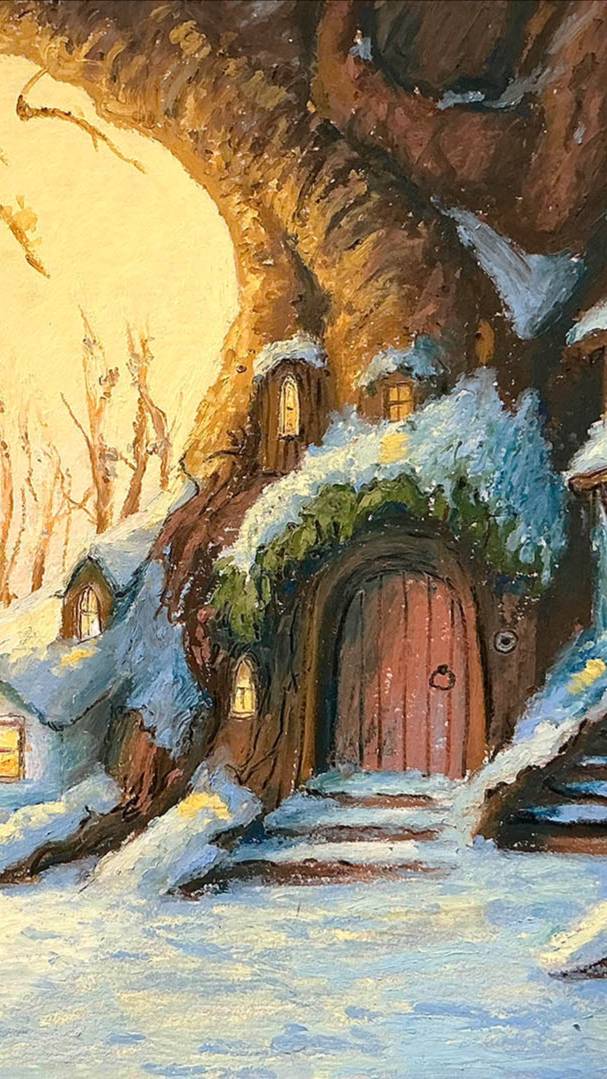 Сказочный дом в лесу масляной пастелью