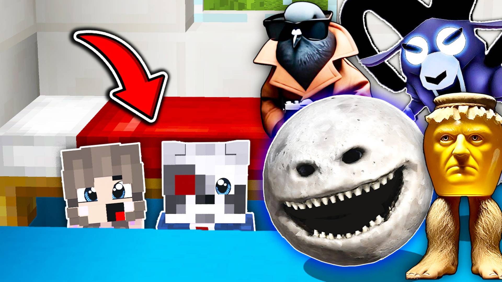 НУБ И ПРО СПРЯТАЛИСЬ ПОД КРОВАТЬЮ ОТ ЛУНА ПРОСНУЛАСЬ В МАЙНКРАФТ БАРАН 99 НОЧЕЙ В ЛЕСУ БРЕЙНРОТ МЕМ