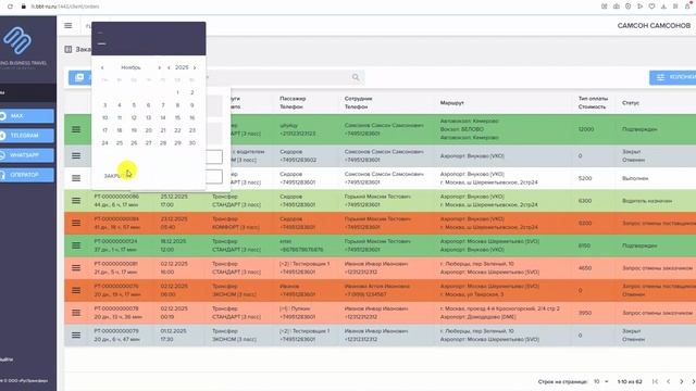 Обзор рабочего поля списка заказов клиента