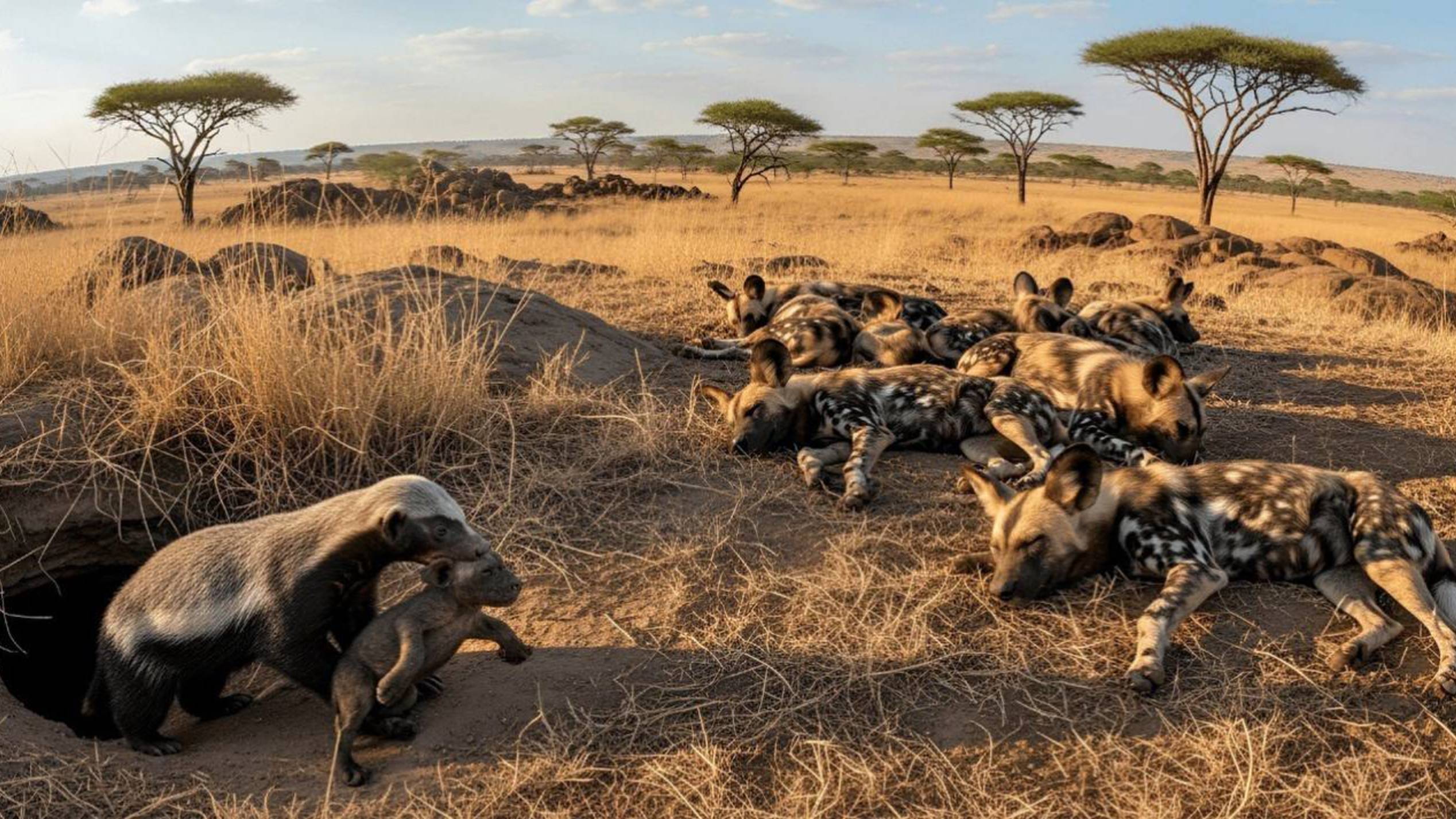 Медоед украл их детеныша… Но африканские собаки проснулись!