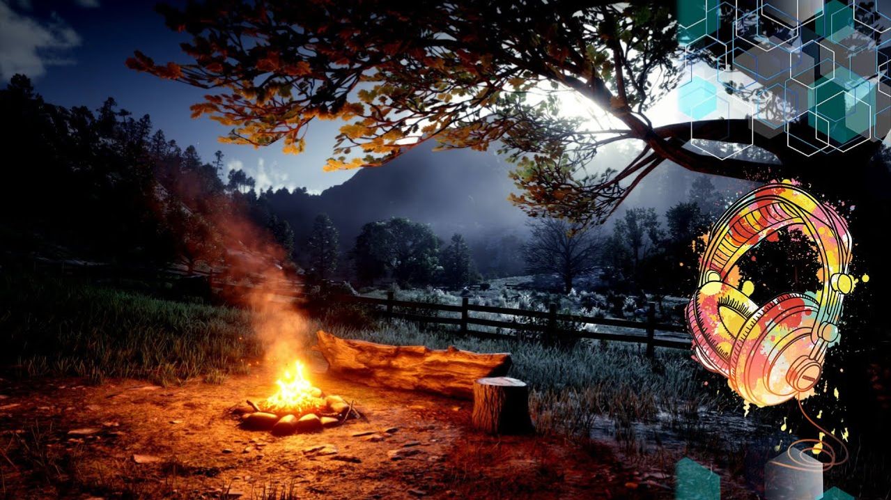 🔥 Ночной костер с сверчками, лягушками и ручьем