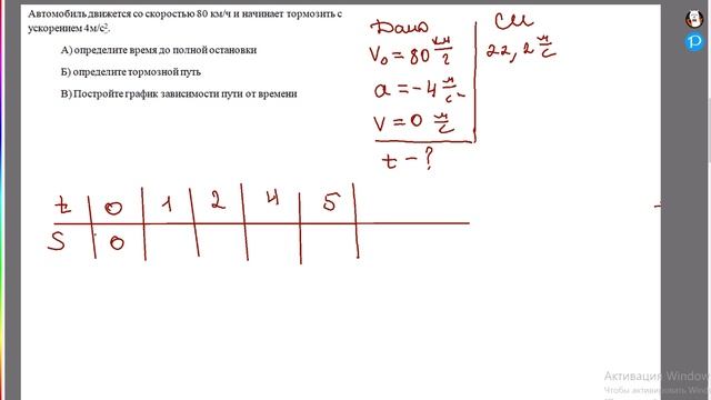 Тормозной путь, время торможения, график пути от времени.9 класс