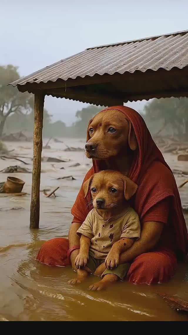 The poor puppy's house and village destroyed in strom