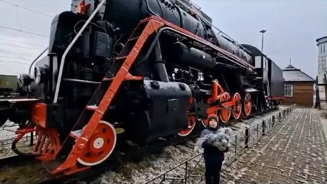 Кот Василий у Паровоза-памятника в п.Вожега