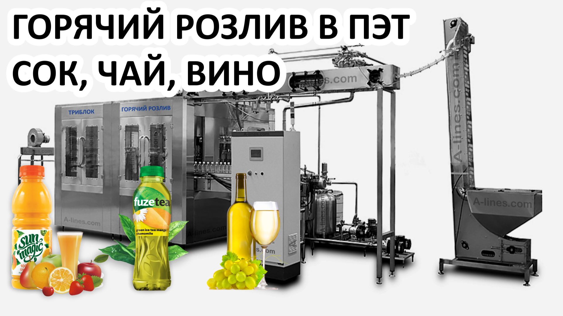 Розлив сока, чая, вина, Линия розлива ПЭТ бутылок, Горячий розлив, Триблок, Моноблок, 32-32-8