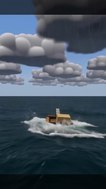 Промпт "Стив из майнкрафт попадает в шторм на маленькой лодке"