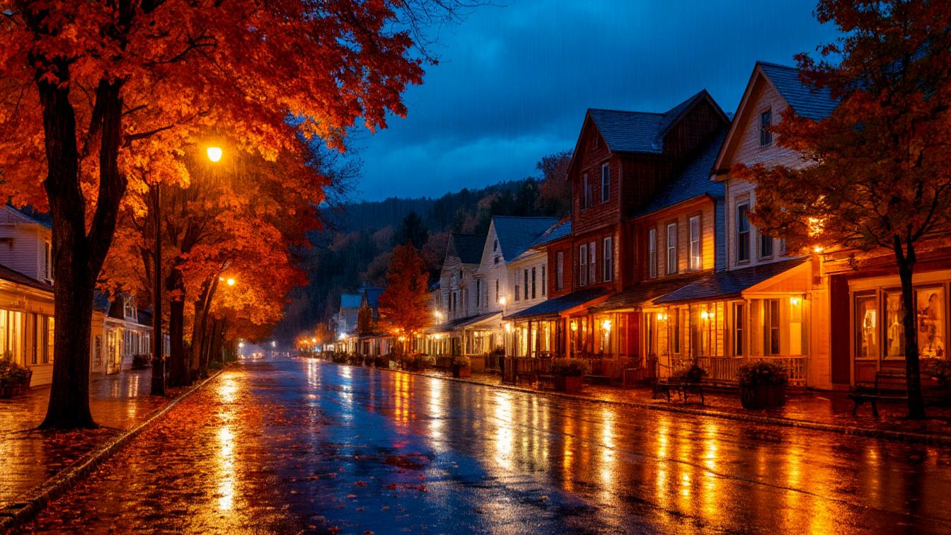 Прогулка дождливой осенней ночью по Вудстоку, штат Вермонт 🌧️ - Новая Англия 4K | #шариклайф