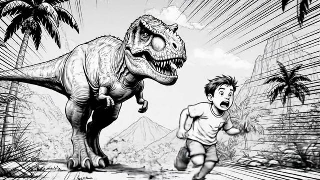 Динозавр гонится за парнем который не учит уроки