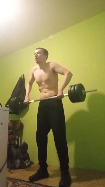 Присед тяга штанги к груди жим стоя