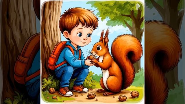 Мальчик дает орешек белочке. Короткое видео. Оживление картинки.