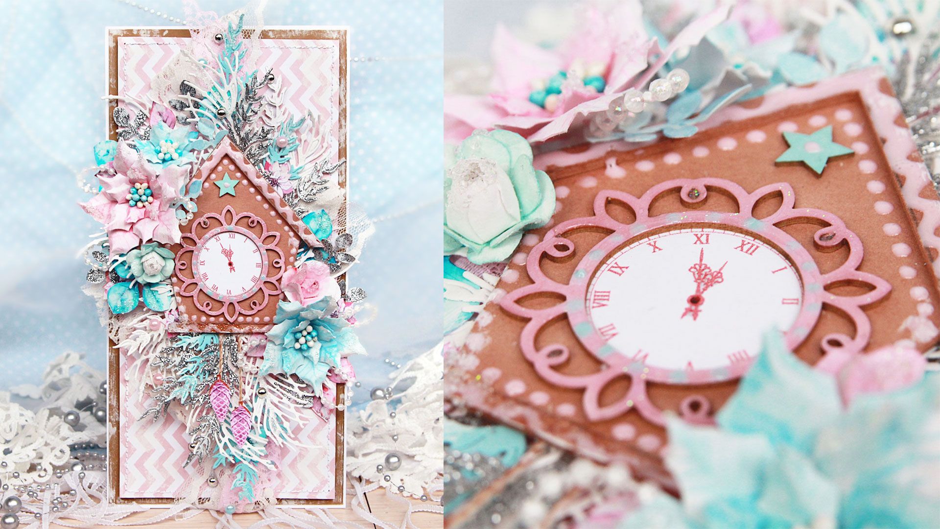 Новогодняя открытка с имбирным пряником в виде часиков, цветами и веточками 🎄 Идеи своими руками