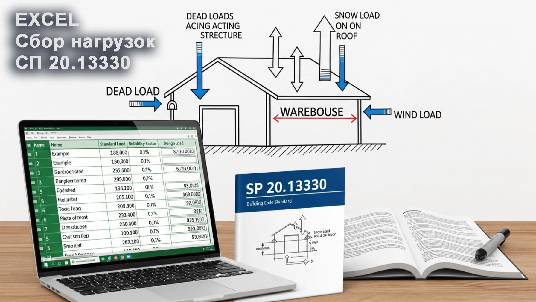 [НИП-Склад] 03 Сбор нагрузок на каркас в Excel | СП 20 | Постоянные, снеговые, ветровые нагрузки