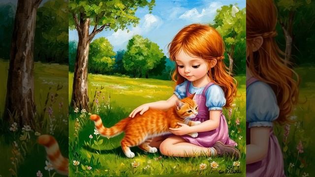Девочка с котенком.Короткое видео. Оживление картинки.
