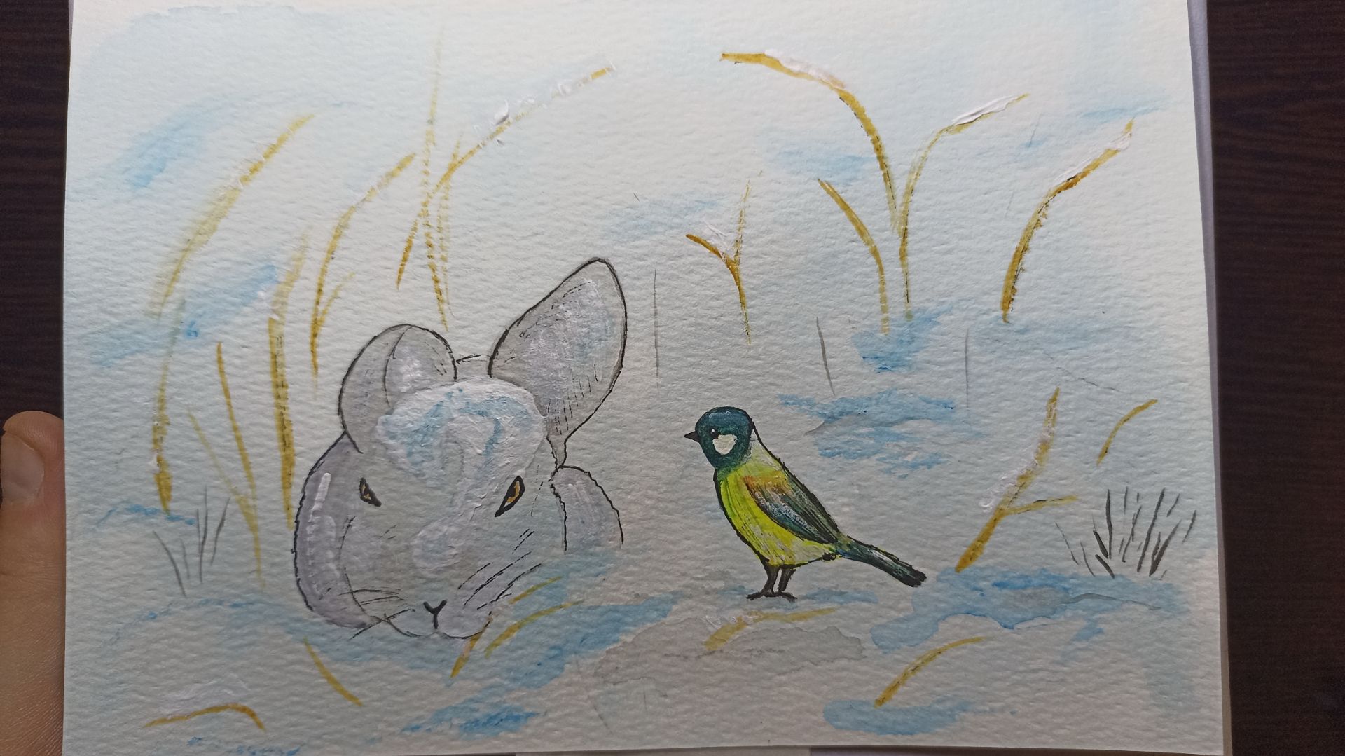 Рисунок акварелью / Заяц в снегу