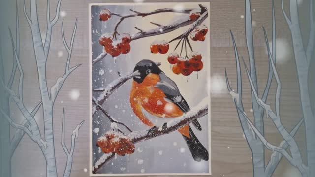 Рисуем зимний сюжет "Снегирь на ветке" поэтапно акрилом, гуашью или масляными красками