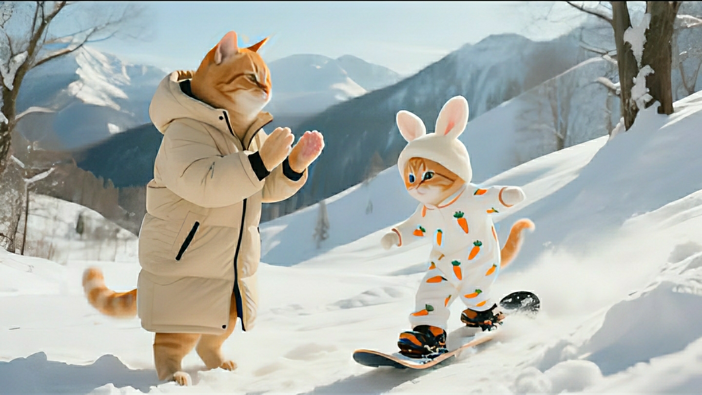 Милый рыжий котенок отправляется в поход и катается на лыжах по заснеженным горам с мамой-кошкой