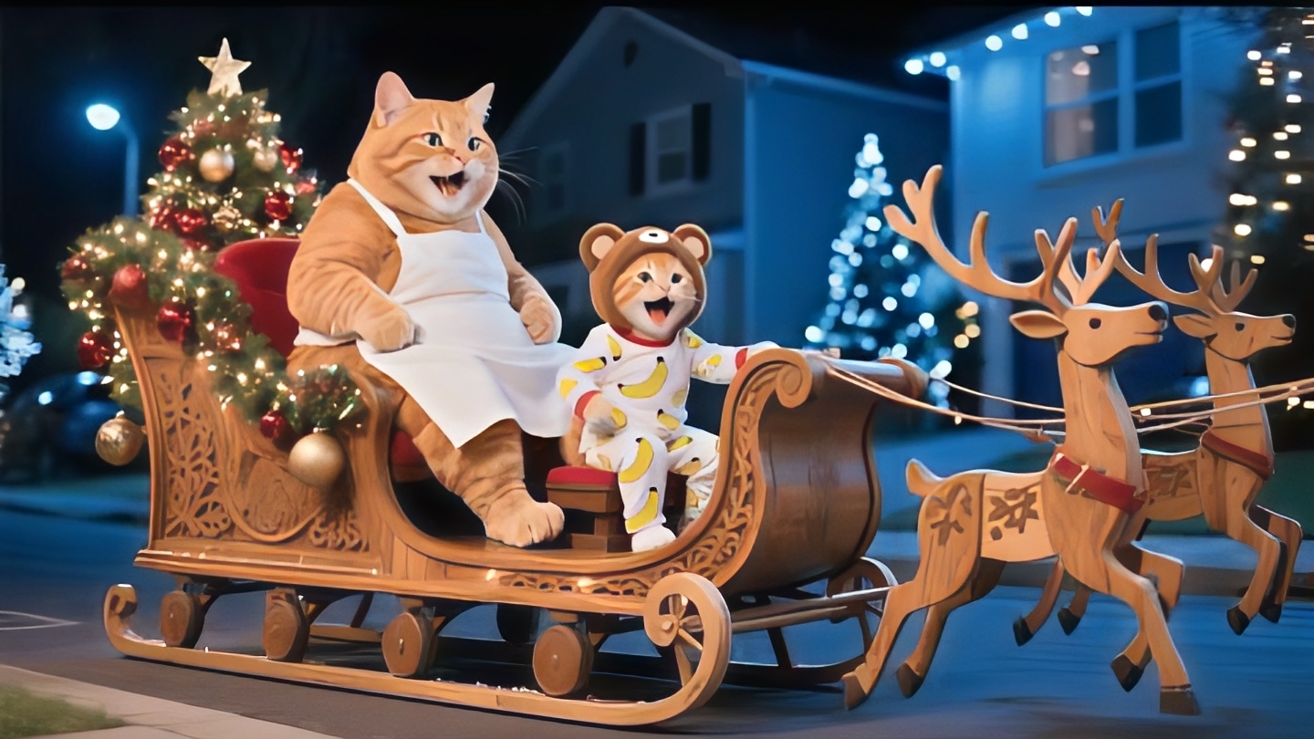 Рыжий котенок и мама-кошка переодеваются Сантой,чтобы принести рождественские подарки всем бездомным