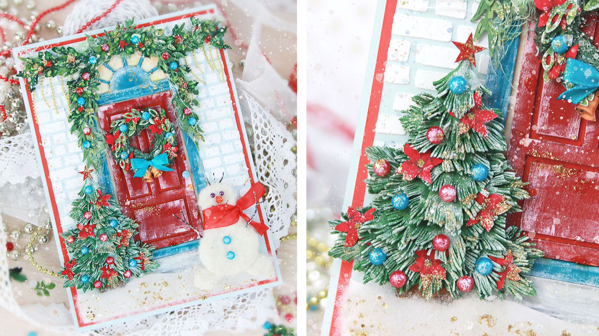 Бумажная Открытка с елочкой, снеговиком и дверью 🎄Новогодняя Идея своими руками ⭐