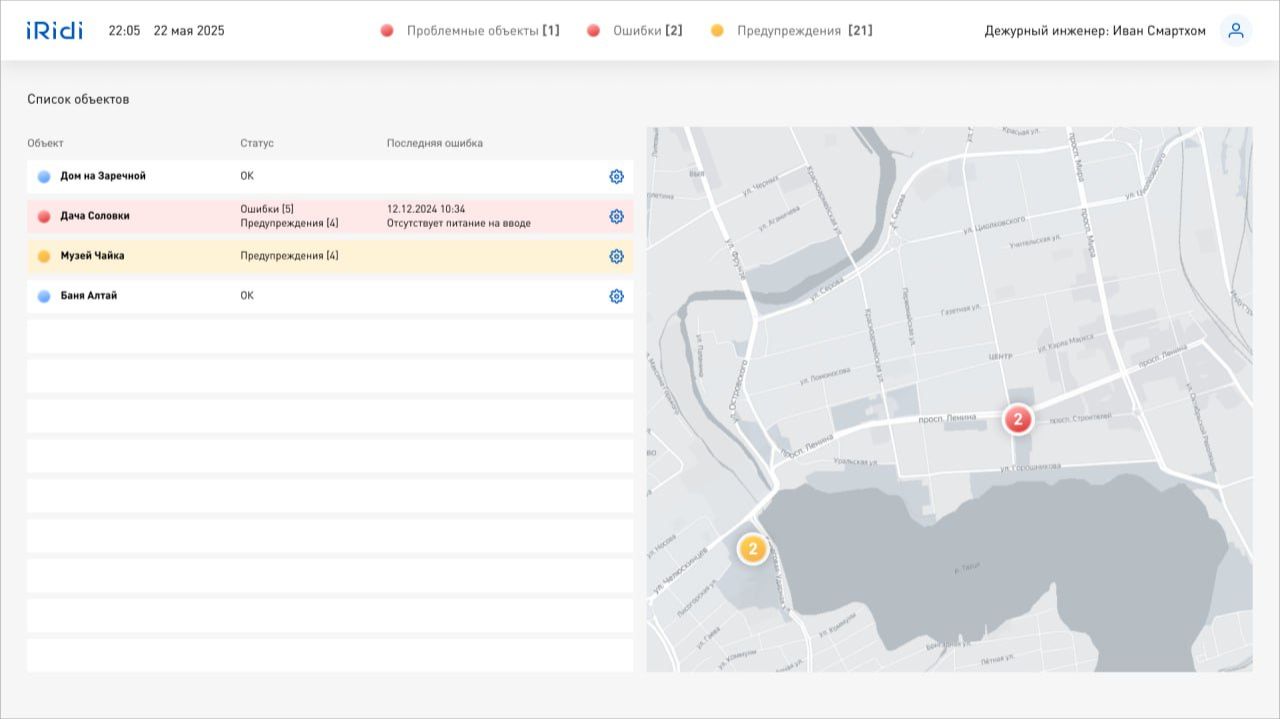 Интерфейс сервиса удалённого мониторинга God’s Eye в действии. iRidi SCADA-BMS